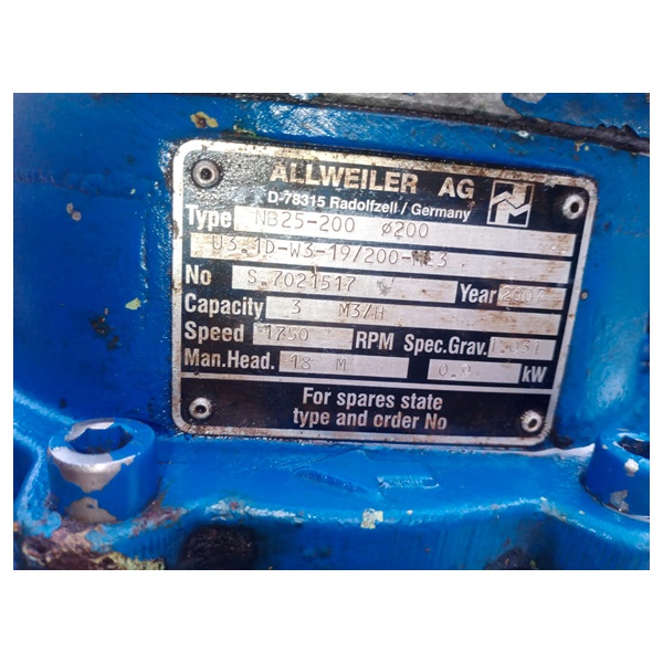 ALLWEILER NB 25-200 Ø 200 U3 1D-W3-19/200-ME3 WATER PUMP – Ship Spares ...