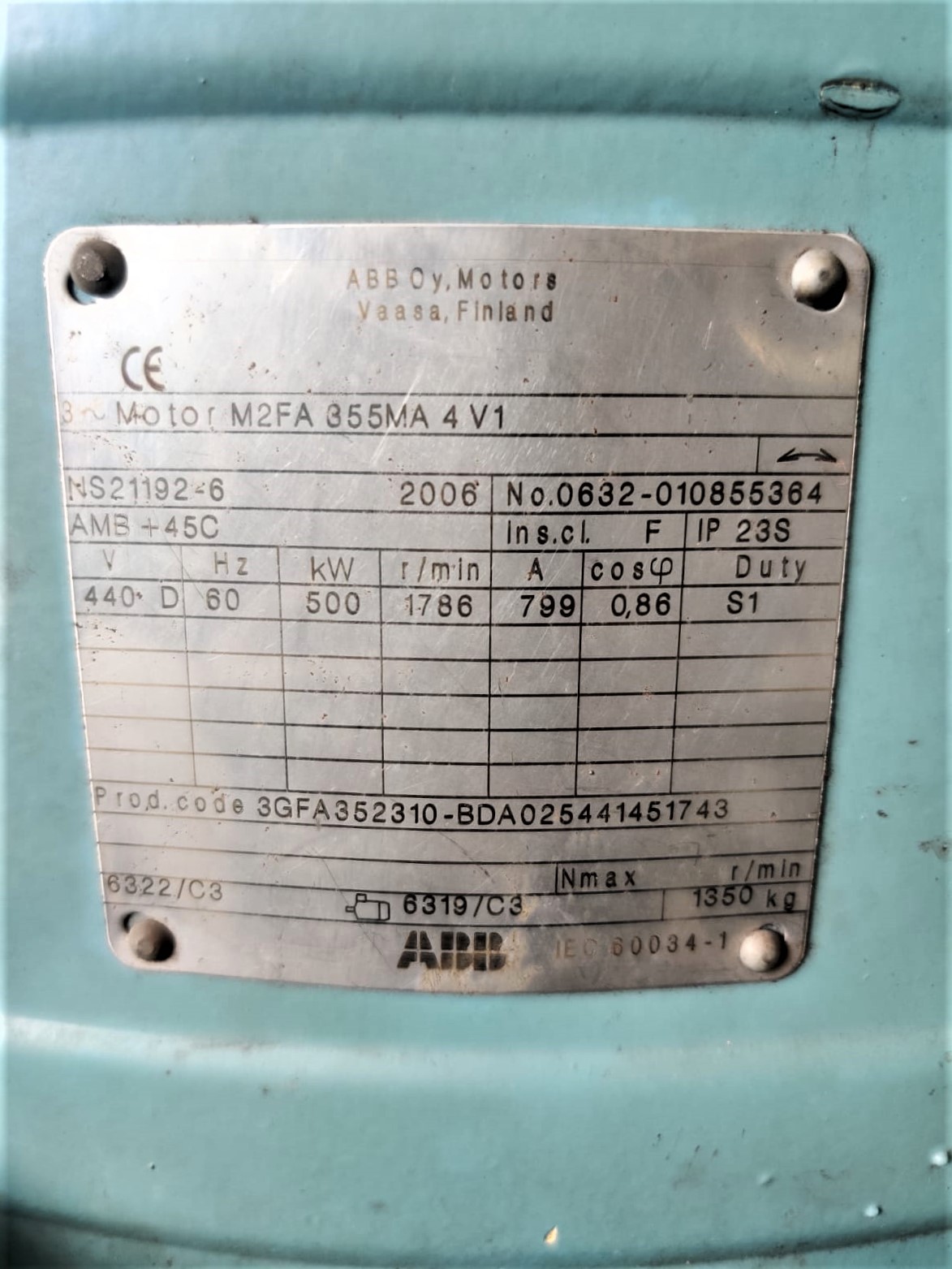 Drip proof ABB M2FA 355MA 4 V1 Motor [500 KW, 440V/60 Hz] – Ship Spares india Abhi Marine